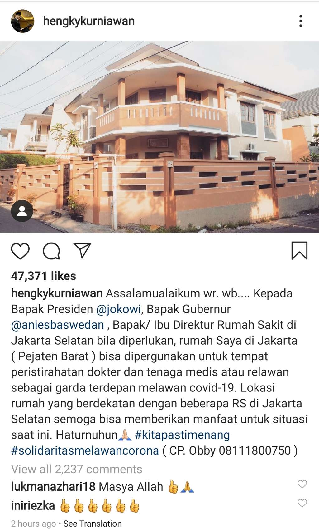 Hengky Kurniawan Tawarkan Rumah Mewahnya untuk Tenaga Medis | Dream.co.id