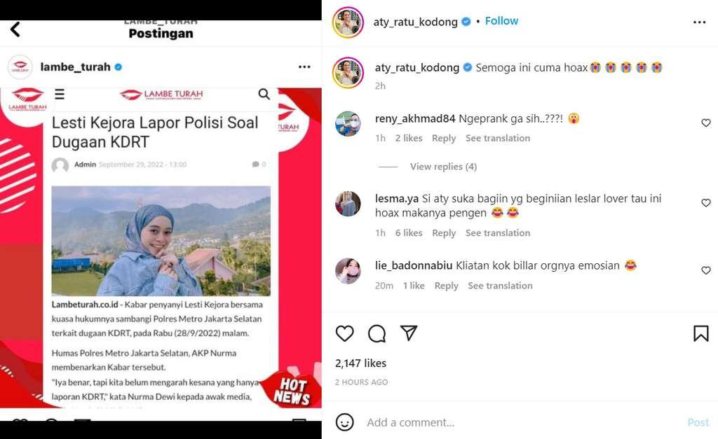 Lesti Kejora Lapor Polisi Dugaan KDRT, Aty Kodong Grecep Beri Komentar ...